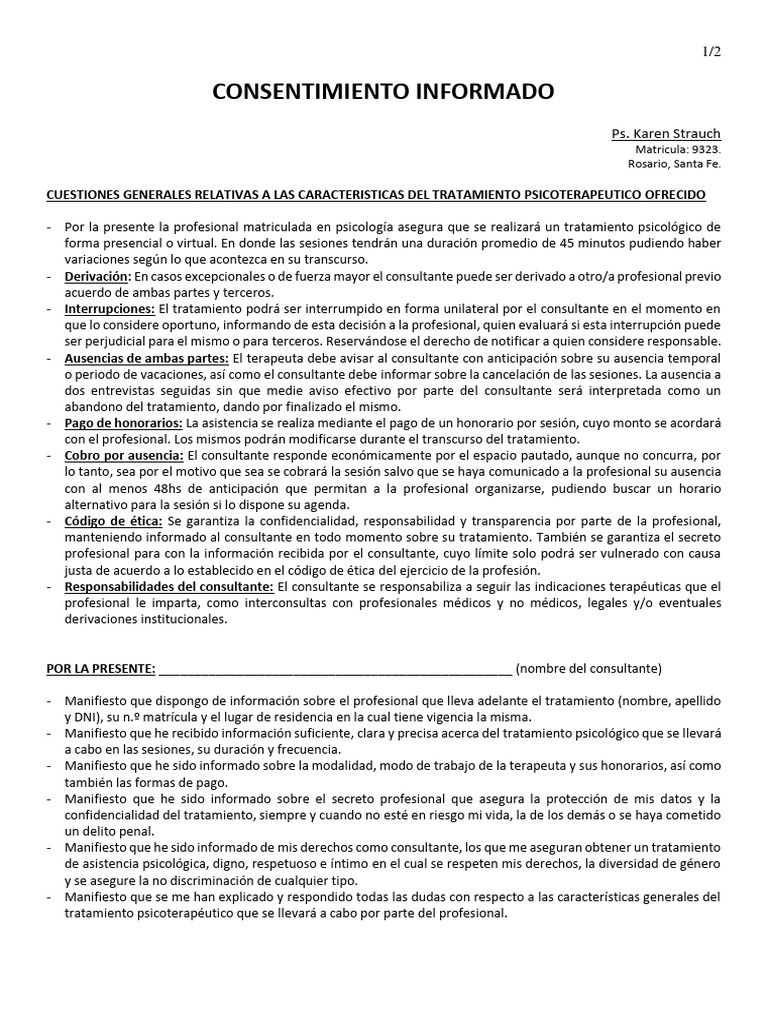 Consentimiento Informado - Ps. Karen Strauch | PDF | Consentimiento informado | Justicia