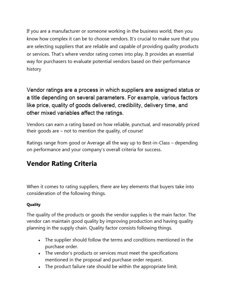 Vendor Rating Guide for Businesses | PDF | Supply Chain | Procurement