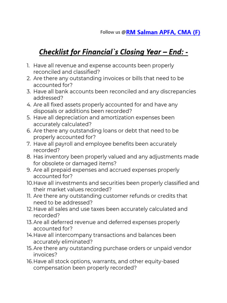 Financial Closing Checklist | PDF | Expense | Deferral
