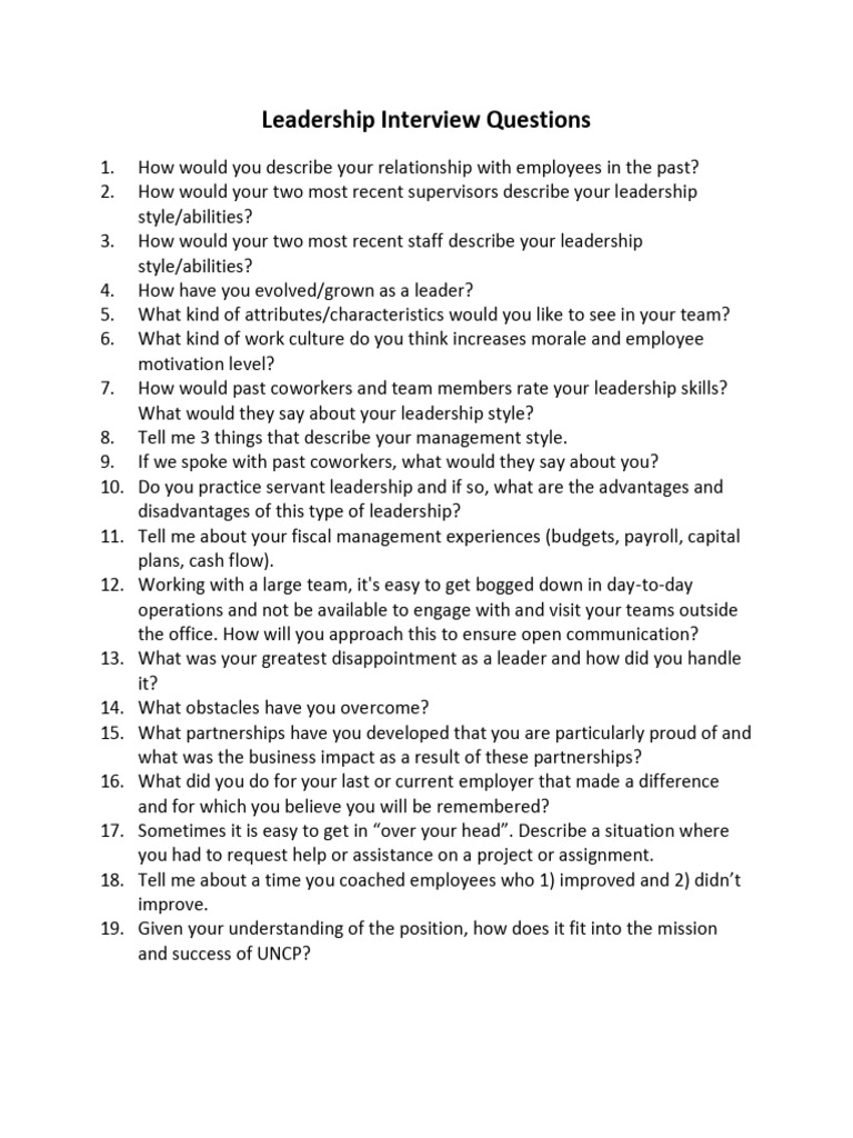 Leadership Interview Questions Guide | PDF | Leadership | Goal