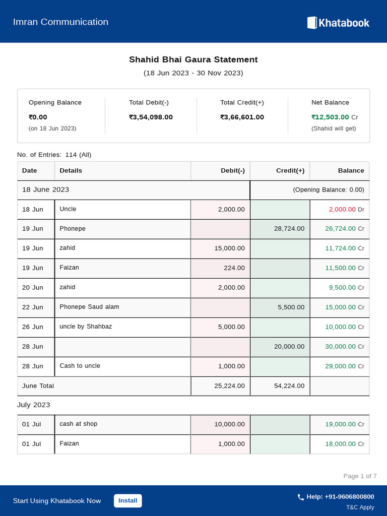 Khatabook Customer Transactions 30.11.2023 03.56.03.PM | PDF