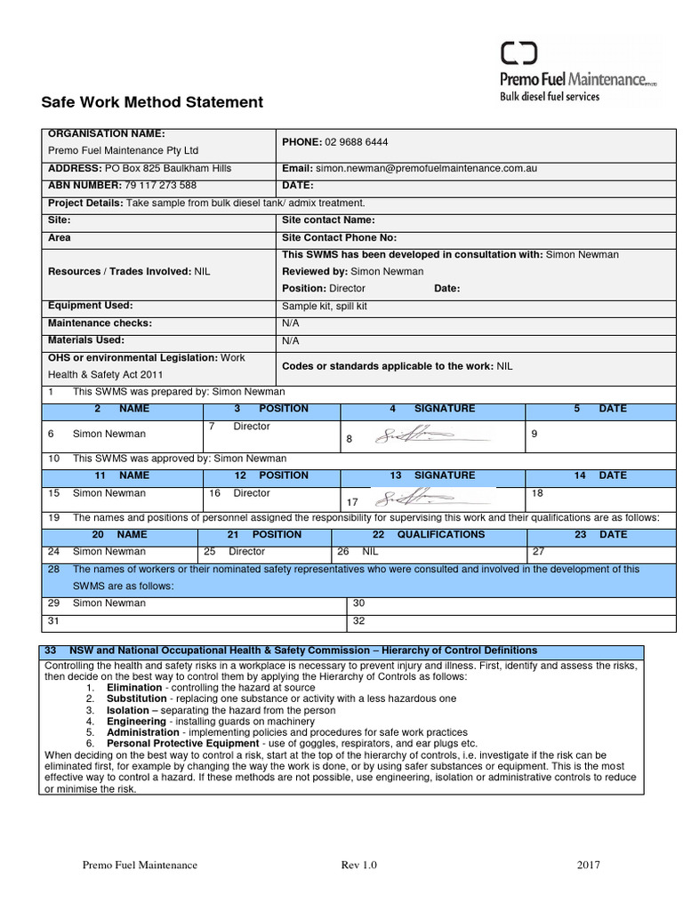 SWMS Safe-Wrk-Mthd-Statement-Sample-Pump Maintenance | PDF ...