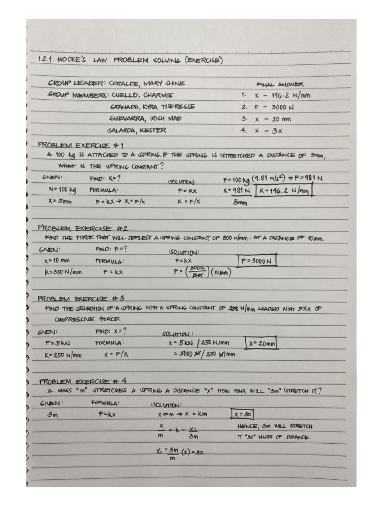 GROUP 9 - 1.2.1 Hooke's Law Problem Solving (Exercise) | PDF GROUP 9 - 1.2.1 Hooke's Law Problem Solving (Exercise) | PDF