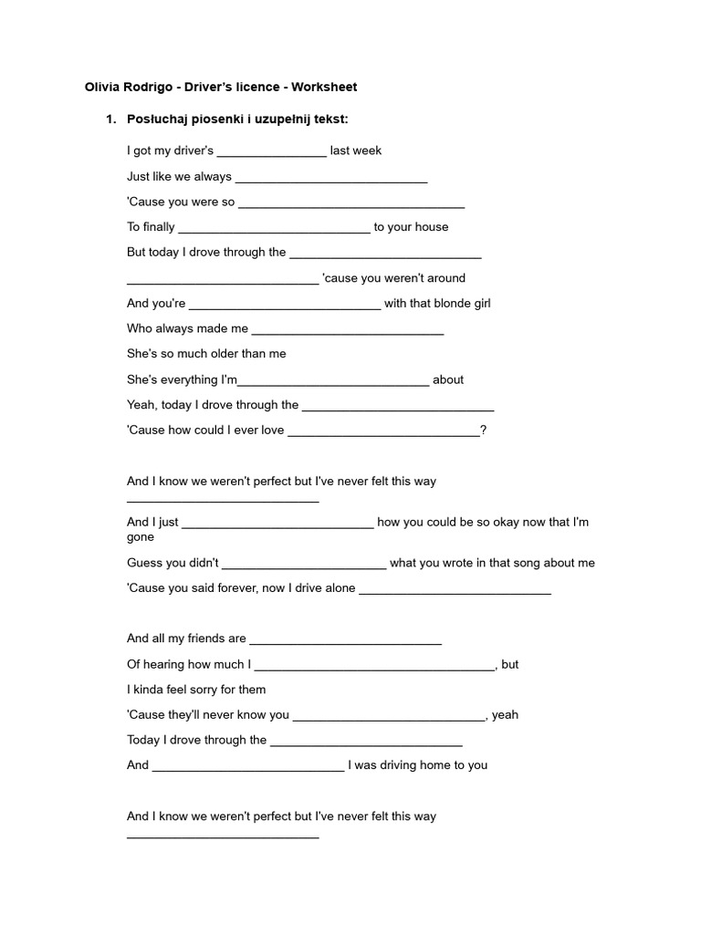Olivia Rodrigo - Driver's Licence - Worksheet | PDF