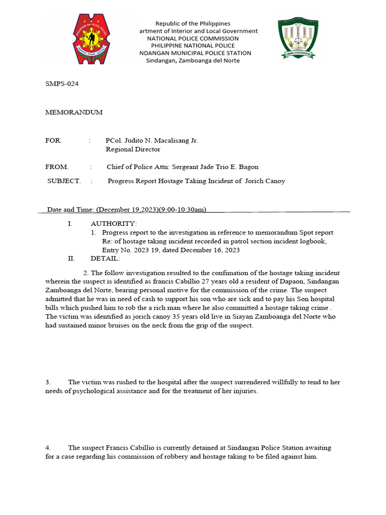 Progress Report: Hostage Incident Case | PDF