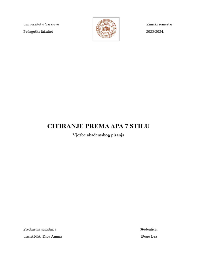 Citiranje Prema Apa 7 Stilu: Vježbe Akademskog Pisanja | PDF
