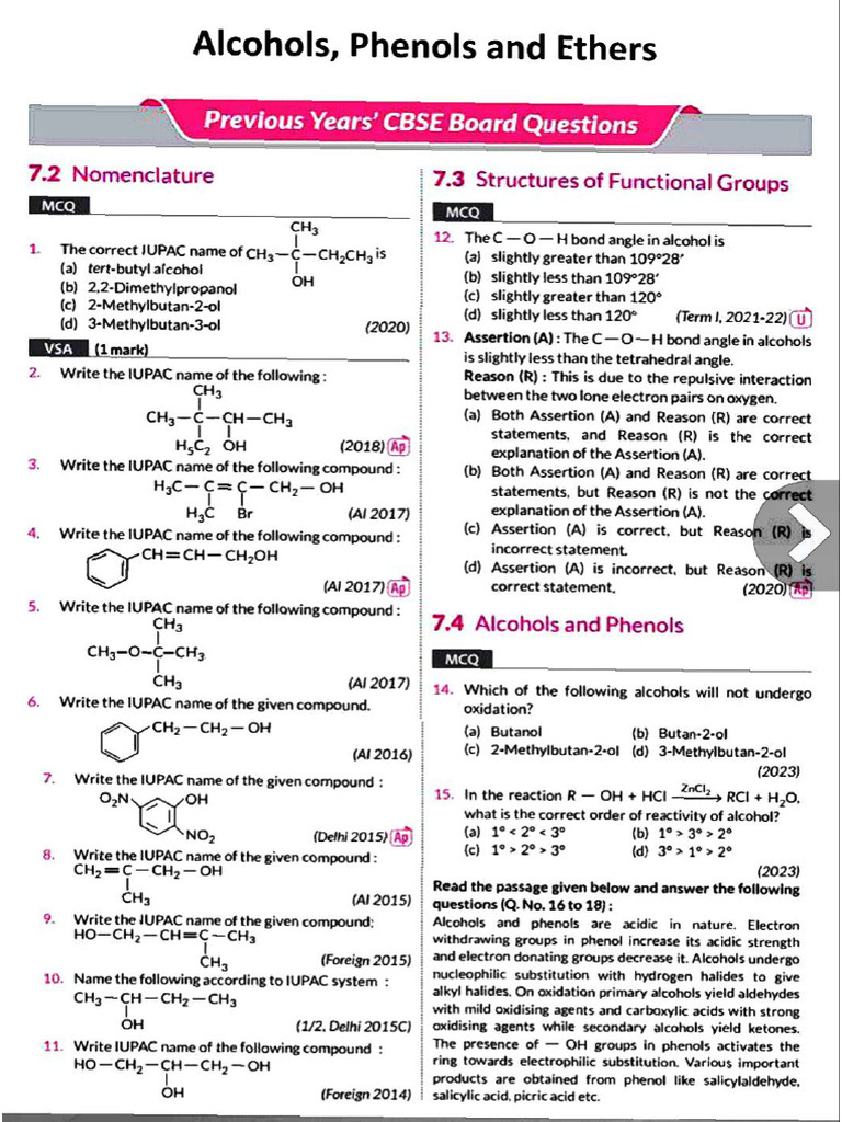 Alcohol Phenol and Ether PYQs | PDF