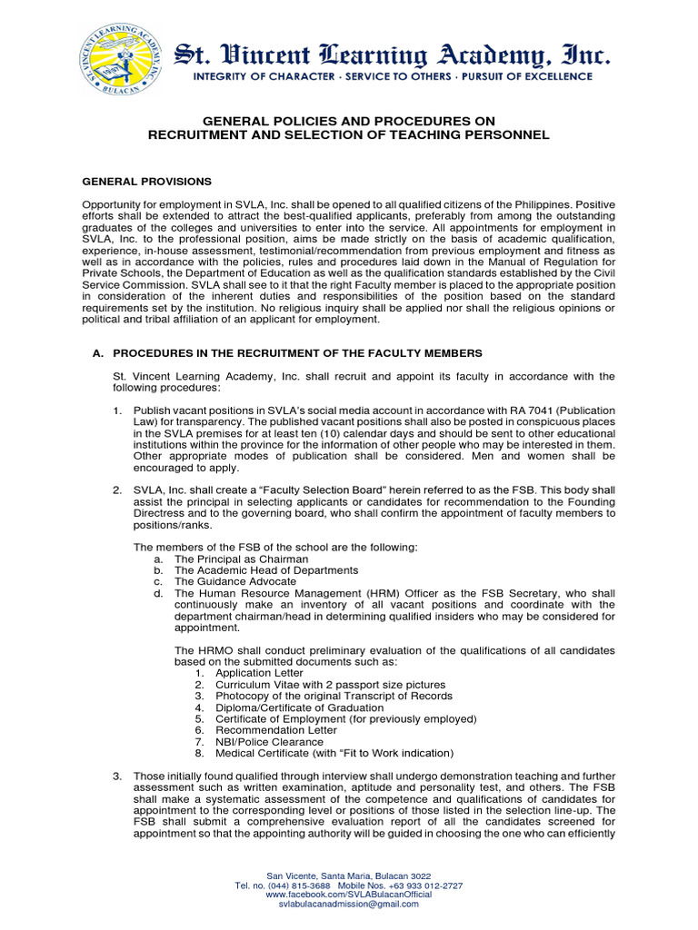 Recruitment, Selection and Hiring Policies and Procedures | PDF ...