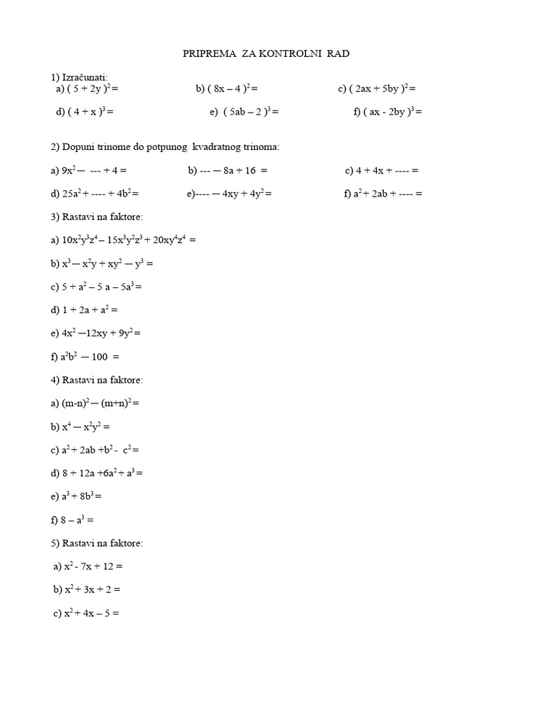 PRIPREMA ZA KONTROLNI RAD - 7. Raz. Rastavljanje Polinoma Na Faktore | PDF