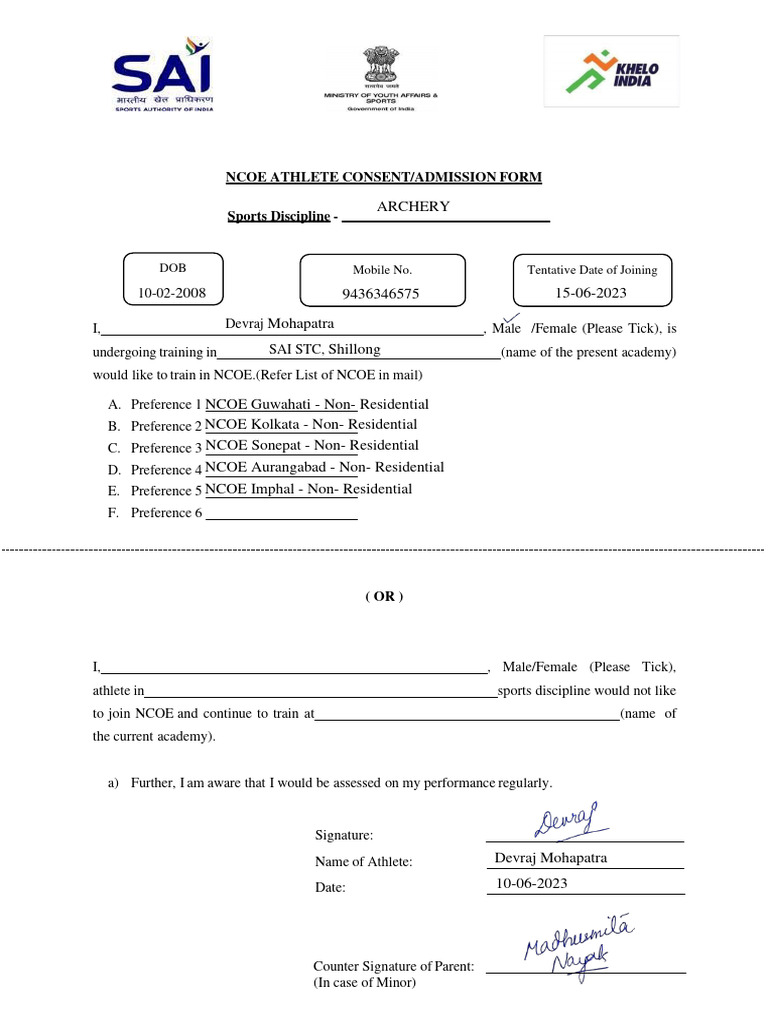 NCOE Athlete Admission Form | PDF | Sports & Recreation