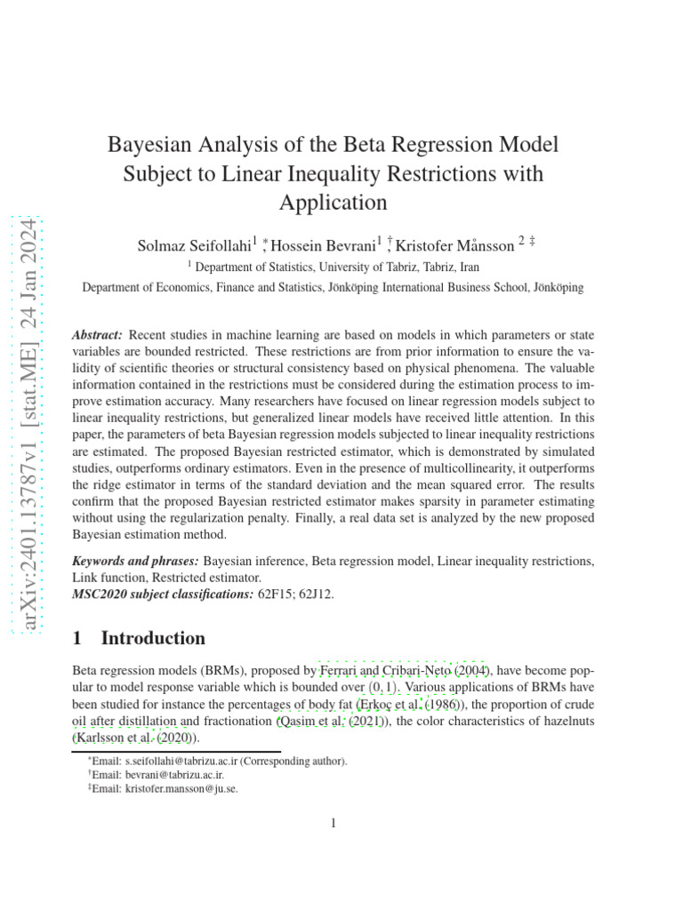 Bayesian Analysis of The Beta Regression Model Subject To Linear ...