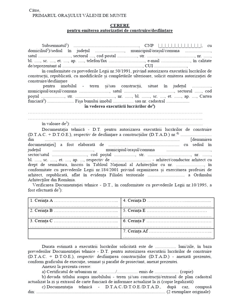 Cerere Si Anexa Autorizatii Construire Desfiintare | PDF