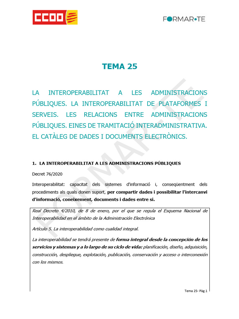 Tema 25 - La Interoperabilitat de Les Administracions Públiques | PDF