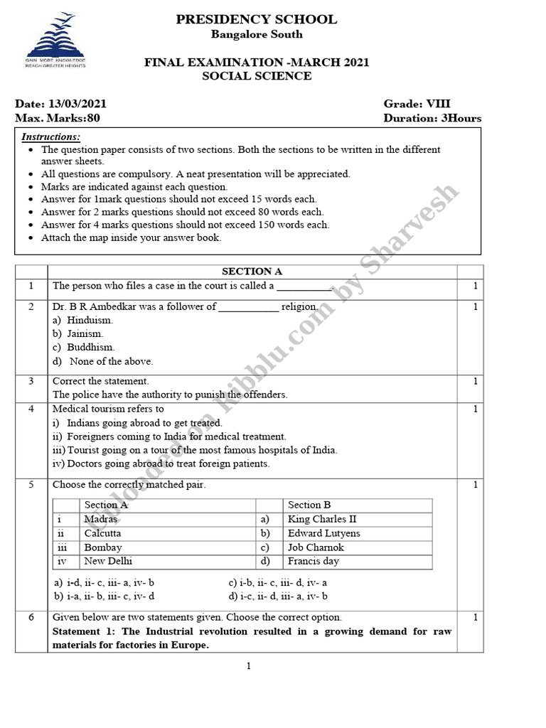 Class 8 Social Science Question Paper Final Exam 2021 Presidency School ...