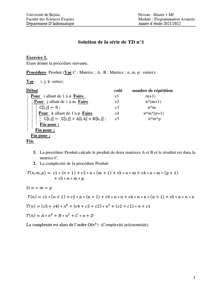 Solution TD N 01 | PDF | Mathématiques appliqués | Algorithmes