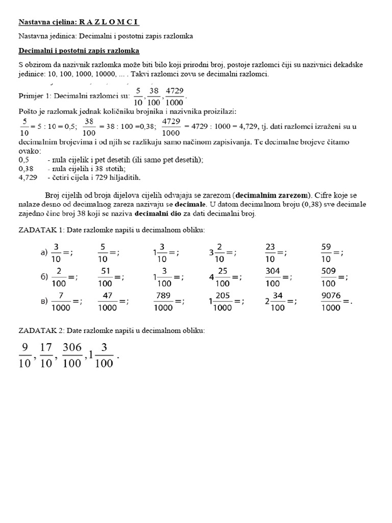 Vježba - Decimalni Razlomci 06-04. Za 6.razrede | PDF