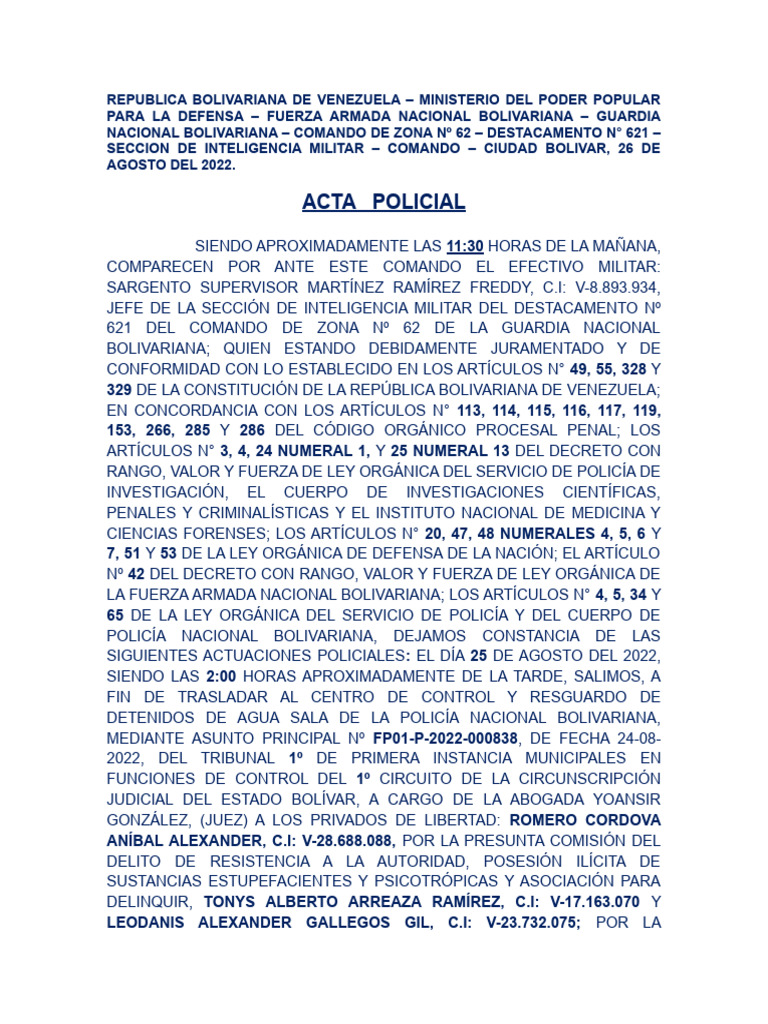 ACTA POLICIAL Y OFICIO CAMBIO DE SITIO DE RECLUSION FP01-P-2022-000838 | PDF | Policía | Venezuela