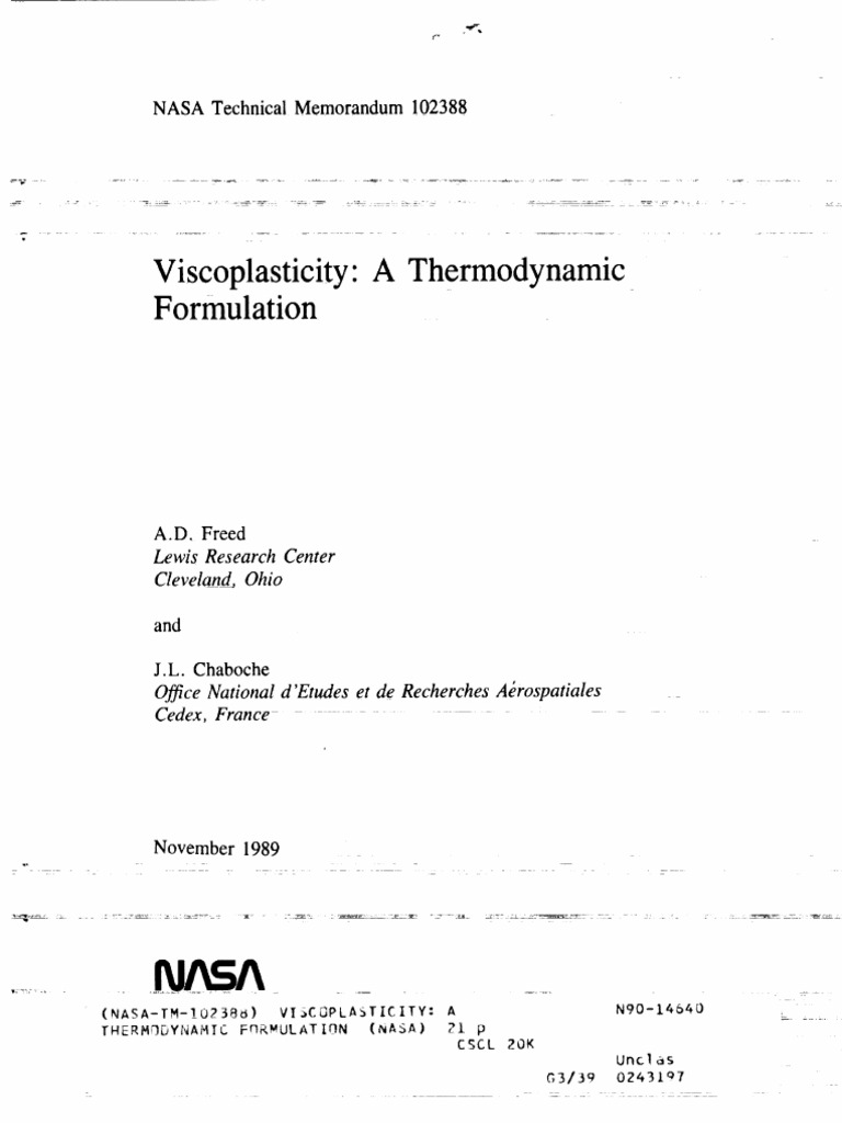 Viscoplasticity: A Thermodynamic Formulation: Nasa Technical Memorandum ...