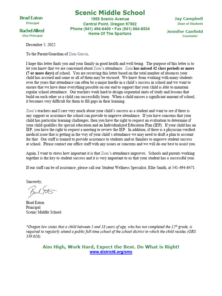 SMS Attendnace Letter Threshold 1 | PDF | Individualized Education ...