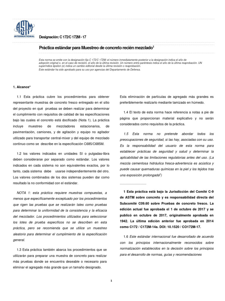 ASTM C 172-17 Práctica Estándar para Muestreo de Concreto Recién Mezclado | PDF | Hormigón ...