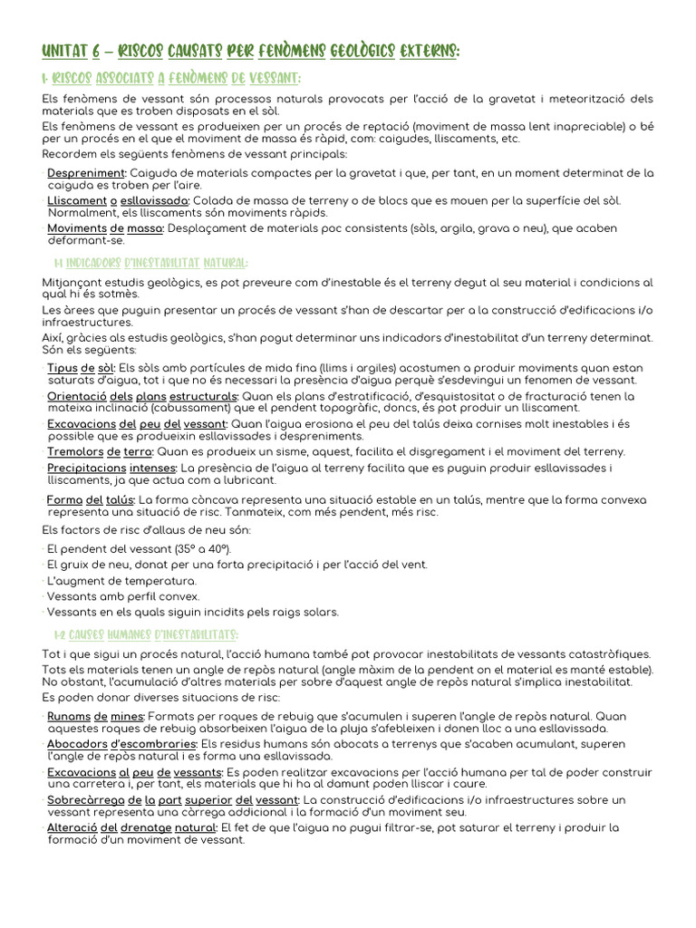 Unitat 6 - Riscos Causats Per Fenòmens Geològics Externs | PDF