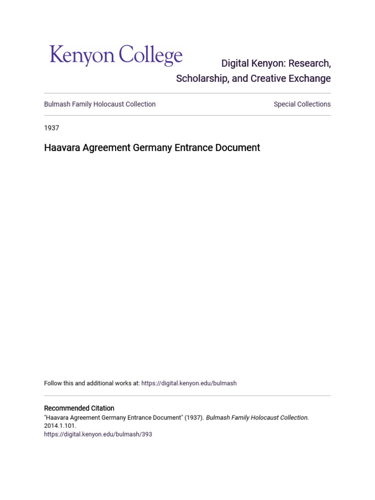 Haavara Agreement Germany Entrance Document | PDF