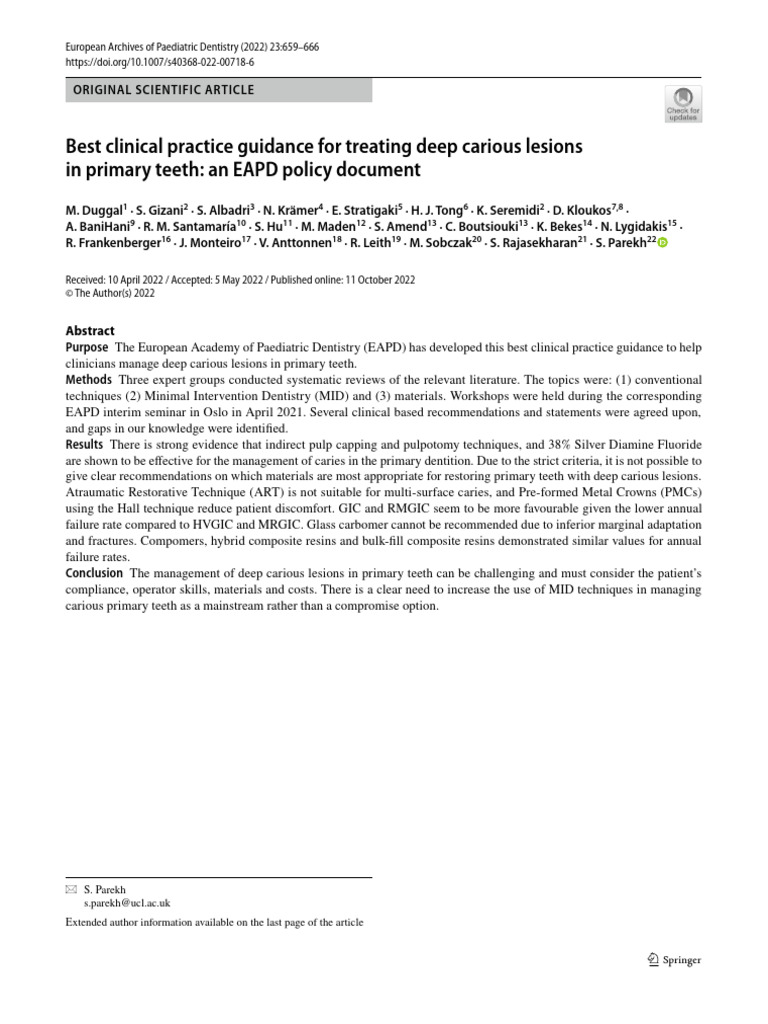 Best Clinical Practice Guidance For Treating Deep Carious Lesions in Primary Teeth - An EAPD ...