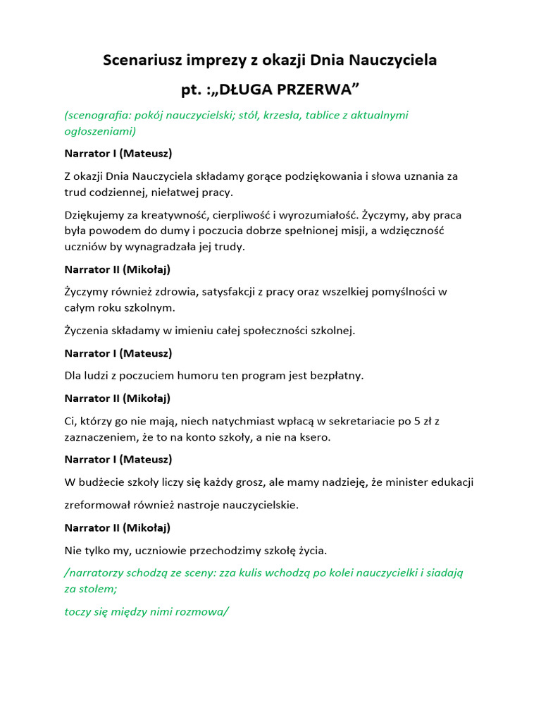 Scenariusz Imprezy Z Okazji Dnia Nauczyciela | PDF