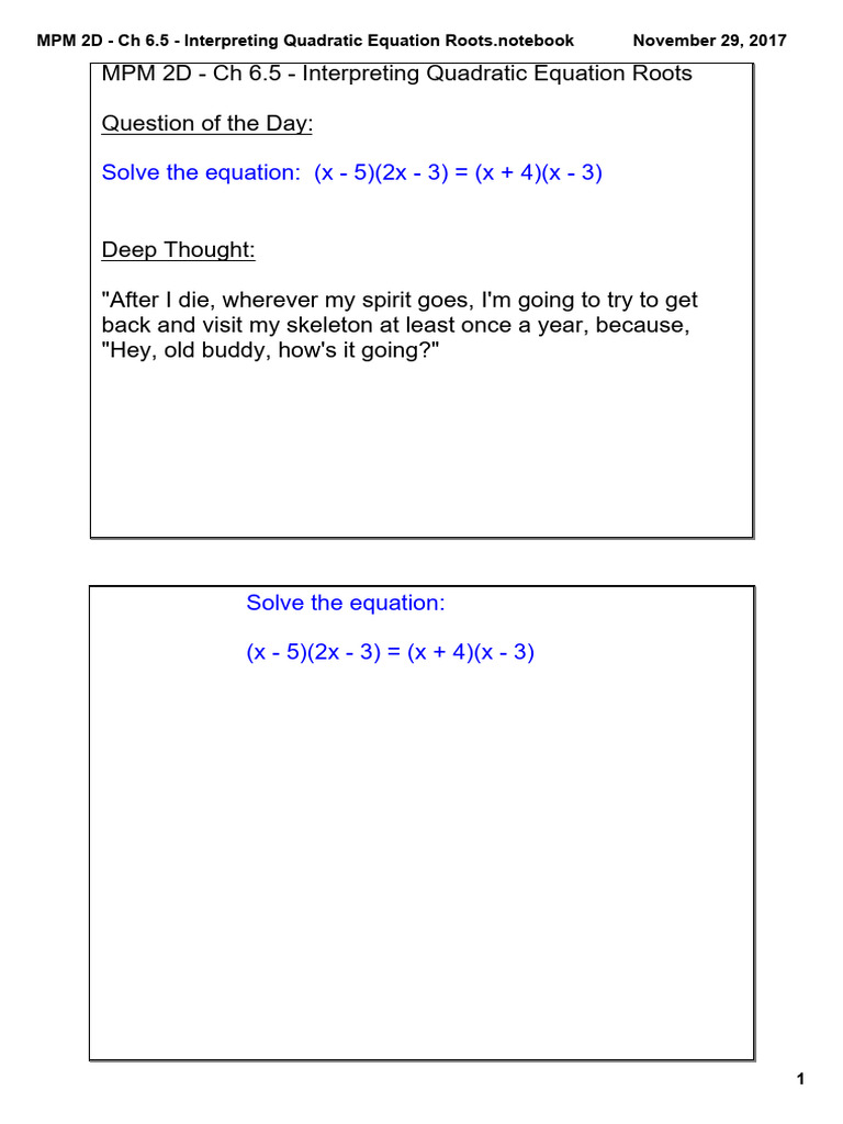 MPM 2D - CH 6.5 - Interpreting Quadratic Equation Roots | PDF | Quadratic Equation ...