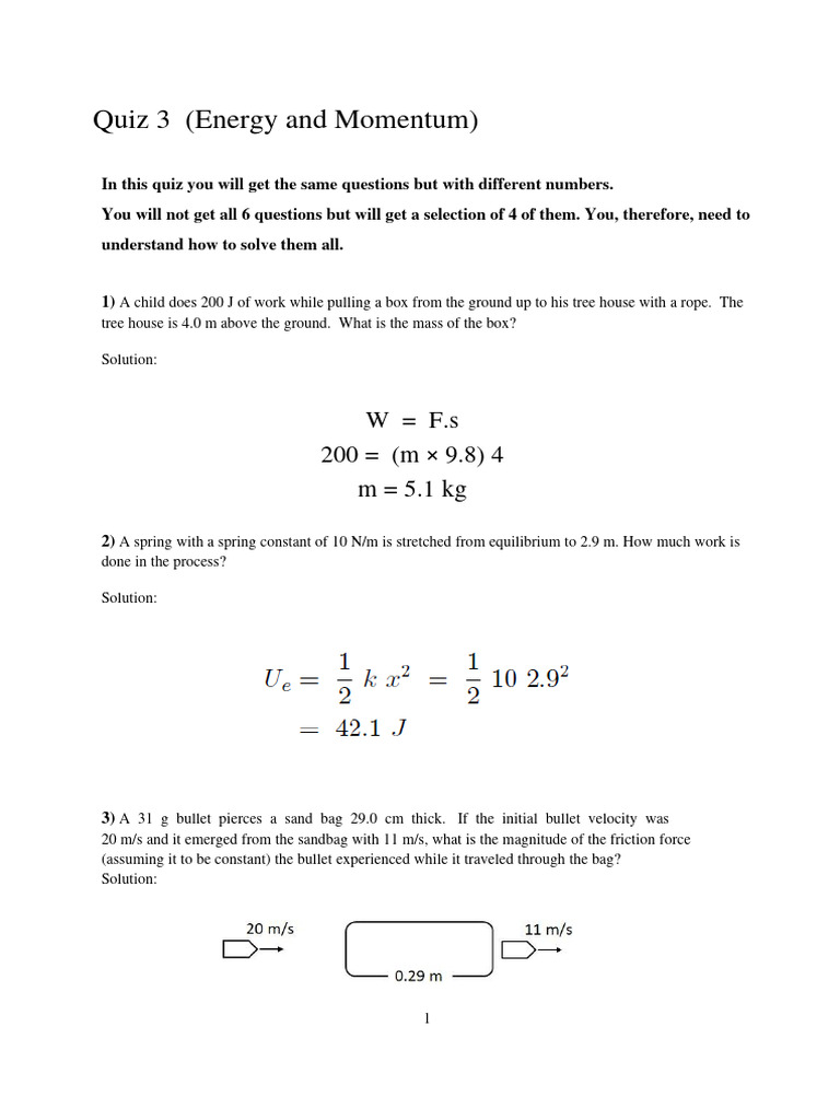 Energy and Momentum Quiz Solutions | PDF