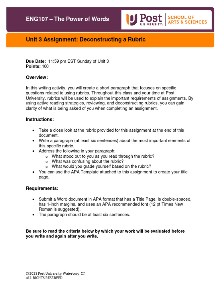 Unit 3 Assignment and Rubric | PDF | Rubric (Academic) | Writing