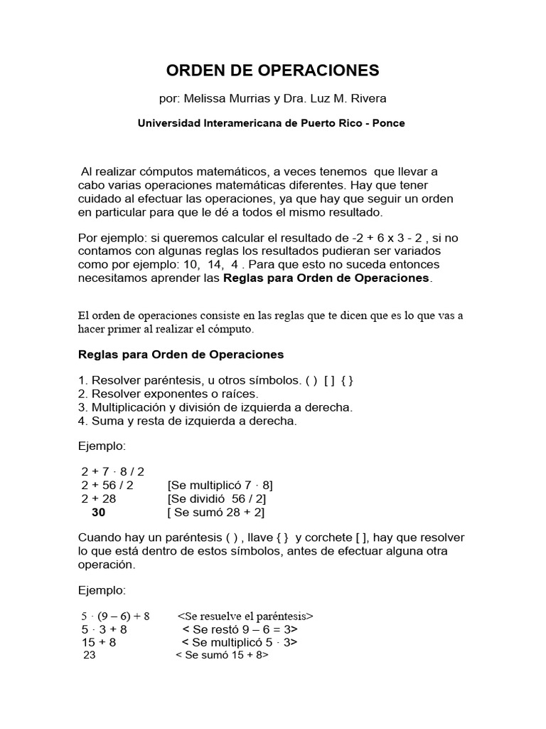 Guía de Orden de Operaciones Matemáticas | PDF | Multiplicación ...