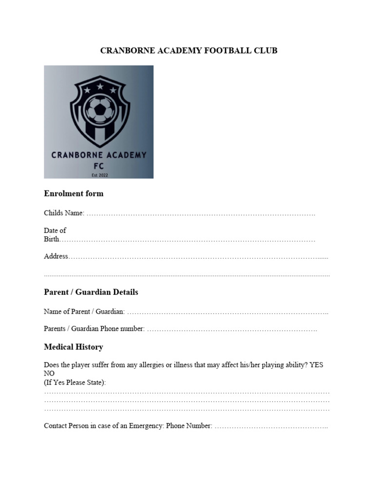 Cranborne Academy Football Club Enrollment Form | PDF | Risk