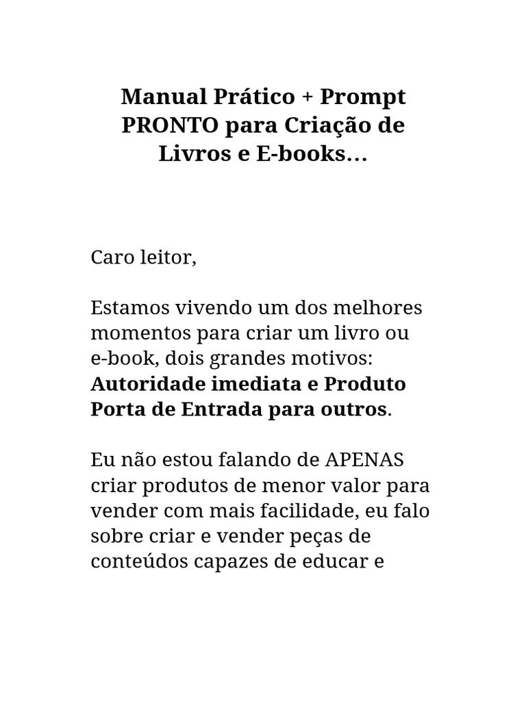 Manual Pratico Prompt Pronto Para Criacao de Livros e e Books | PDF ...