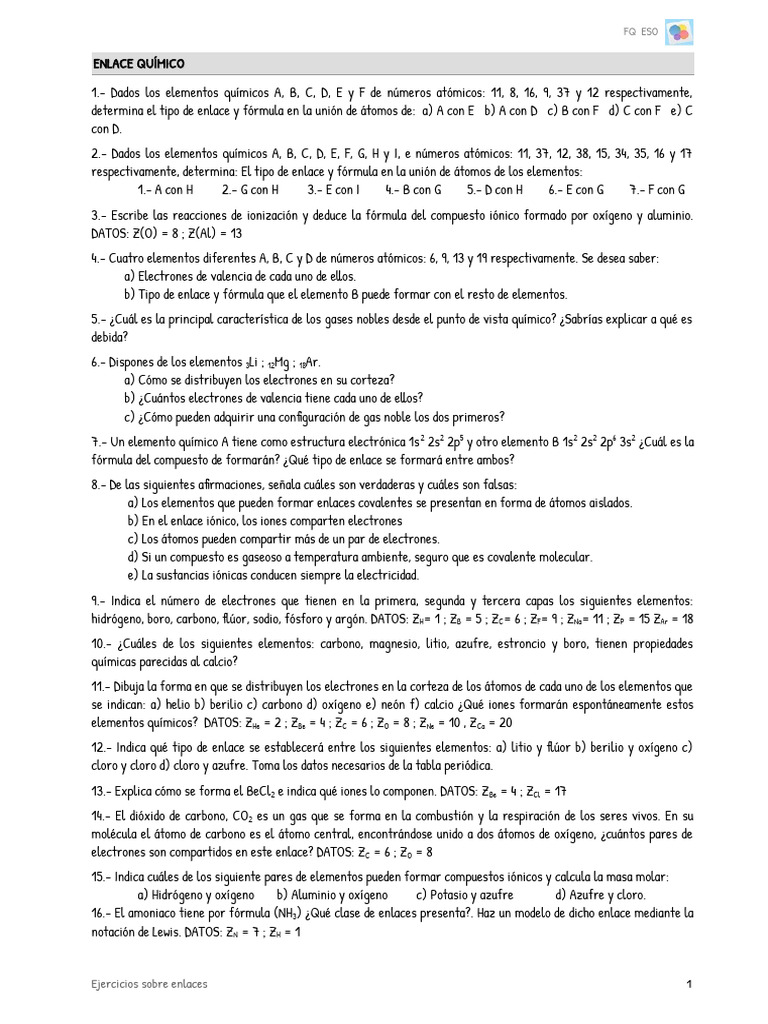 Ejercicios. Enlace QuÃ Mico | PDF | Enlace químico | Compuestos químicos