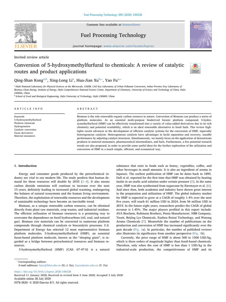 Conversion of 5-Hydroxymethylfurfural To Chemicals-A Review of ...