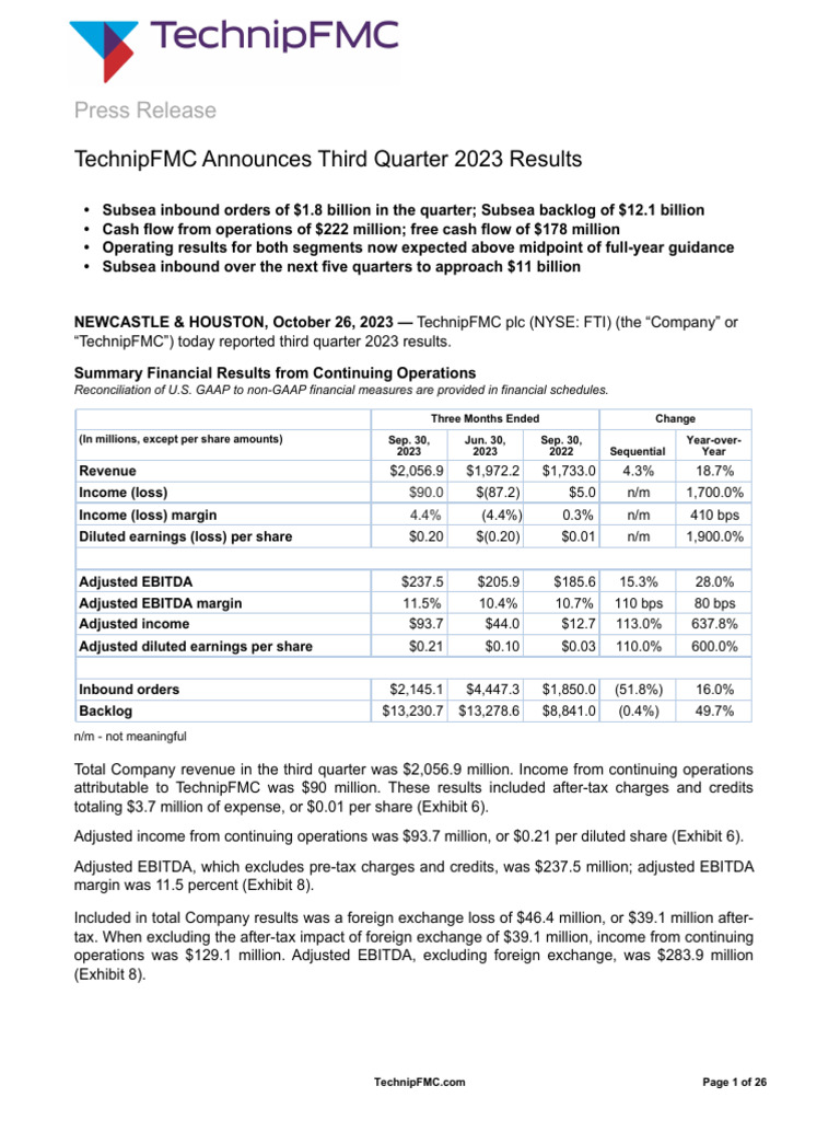 Technipfmc 2023 9 30 8k Er Exhibit 261023 | PDF | Finance & Money ...
