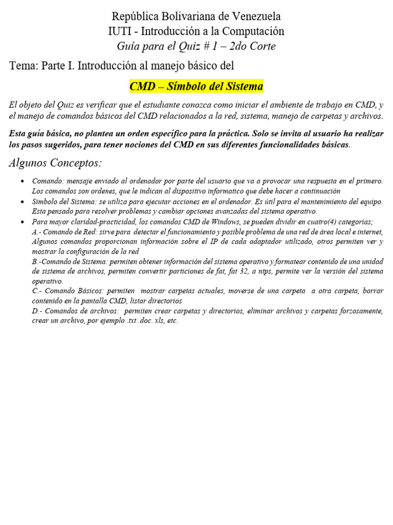 Guia INC CMD Basica Parte I 15-10-2023 | PDF | Archivo de computadora | Interfaz de línea de comando