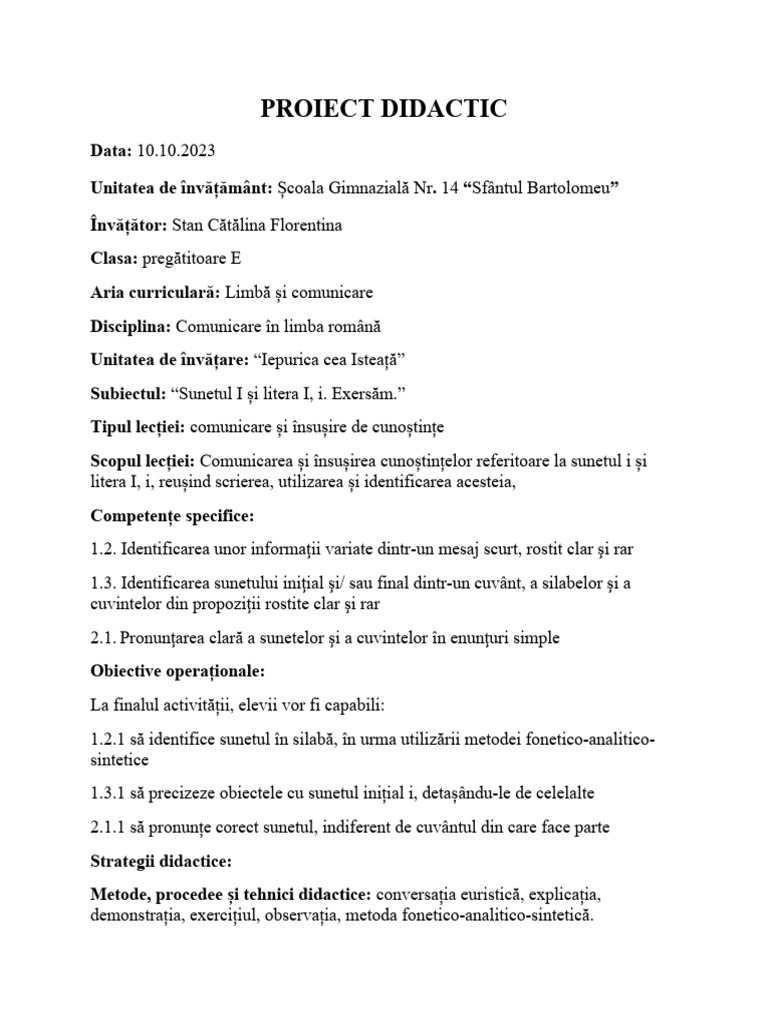 Proiect Didactic 10.10 | PDF