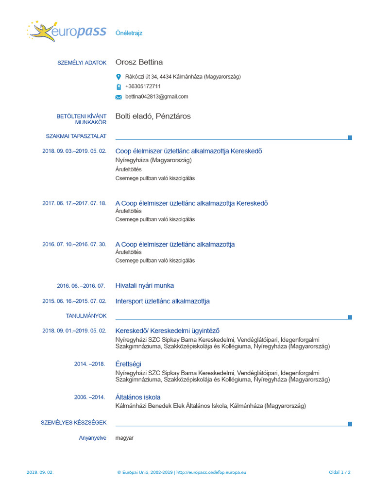 CV Europass 20190902 Orosz HU | PDF