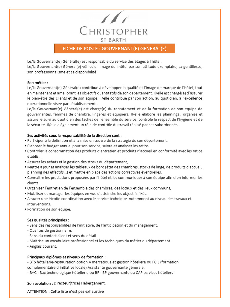 Fiche de Poste : Gouvernant(e) Général(e) | PDF | Business