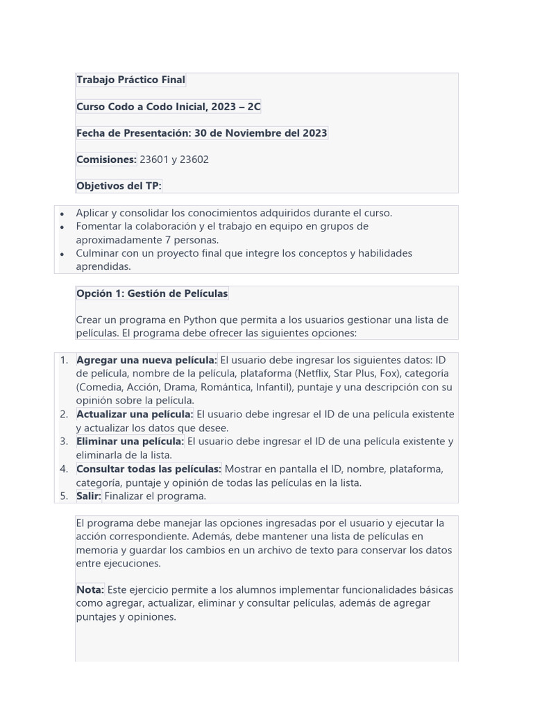 Trabajo Práctico Final Curso Codo A Codo Inicial - 231004 - 185106 | PDF | Python (lenguaje de ...