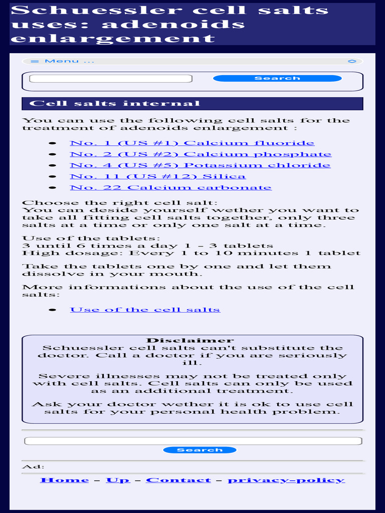 Schuessler Cell Salts Uses Adenoids Enlargement | PDF