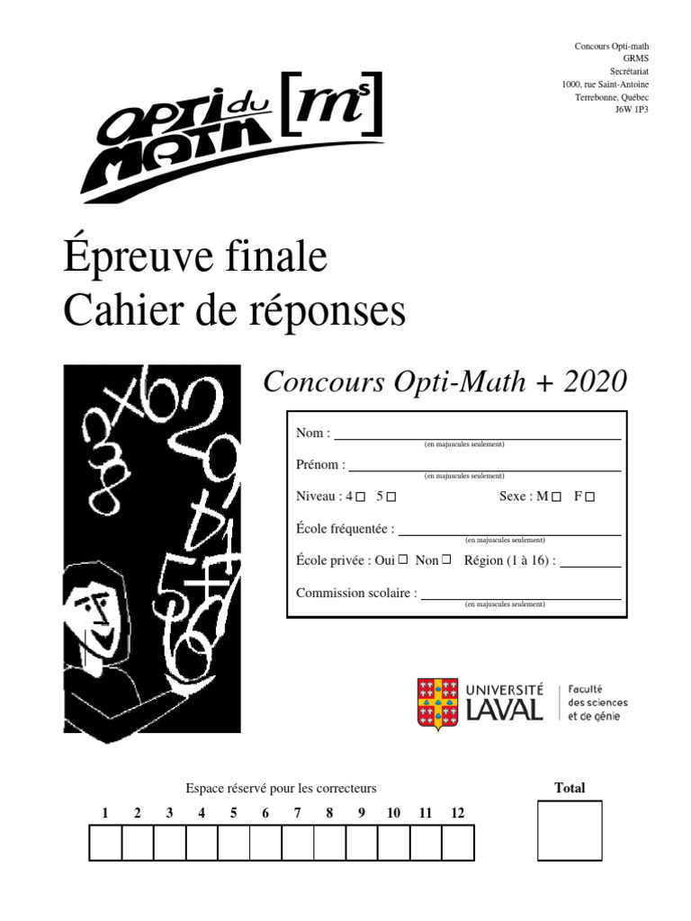 Cahier de Reponses Opti-Math 2020 | PDF | Géométrie | Géométrie euclidienne