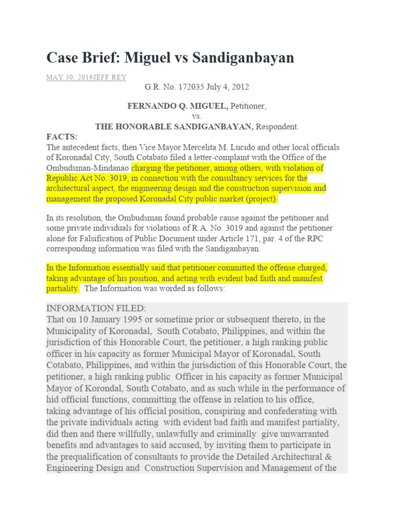 Miguel vs Sandiganbayan Case Brief | PDF | Crimes | Crime & Violence