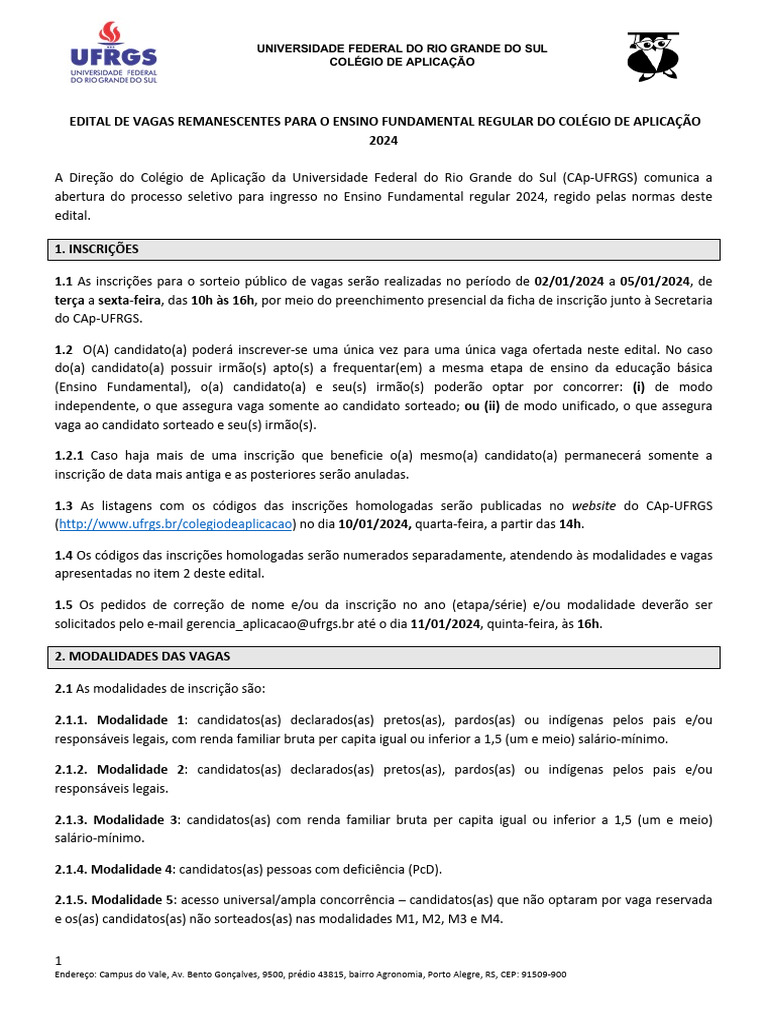 Edital de Vagas 2024 - Ensino Fundamental CAp-UFRGS | PDF