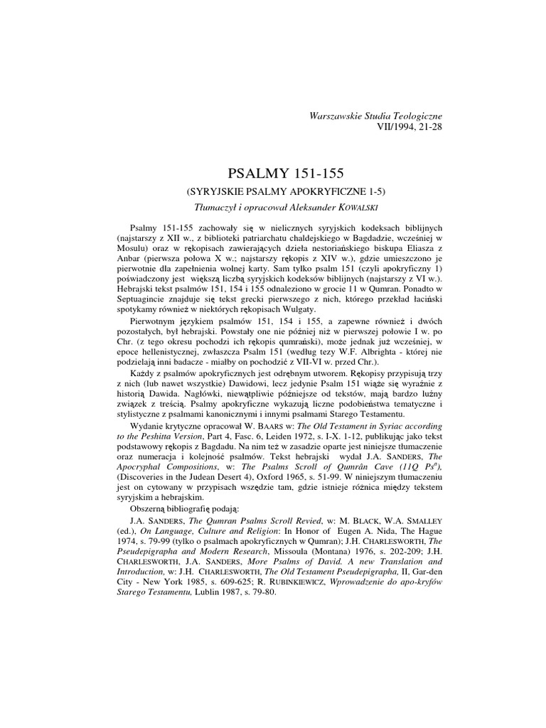 Psalmy Apokryficzne 151-155 | PDF