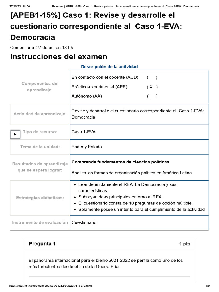 Examen - (APEB1-15%) Caso 1 - Revise y Desarrolle El Cuestionario Correspondiente Al Caso 1-EVA ...
