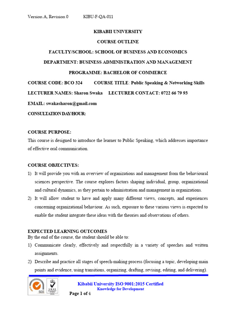 Public Speaking Course Outline | PDF | Public Speaking | Communication