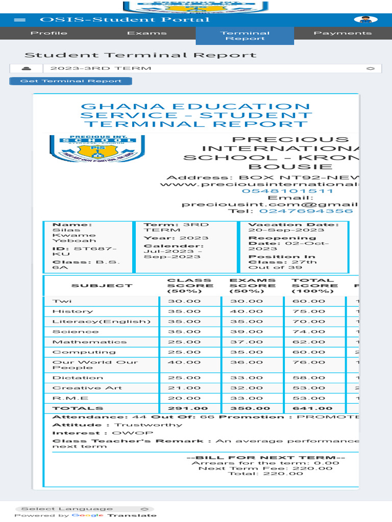 Precious International School - Student Portal | PDF